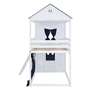Merax Twin Over Twin Bunk Wood House Bed with Elegant Windows, Sills and Tent, Blue+White