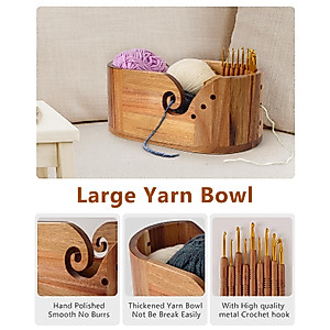 Oval Yarn Bowl, Crochet Yarn Holder with 9pcs Knitting Hooks, Yarn Storage Crochet Bowl Knitting for Crocheters, Large Yarn Bowl Acacia Wooden 11.3x5.9x4.7inch (Acacia Yarn Bowl)