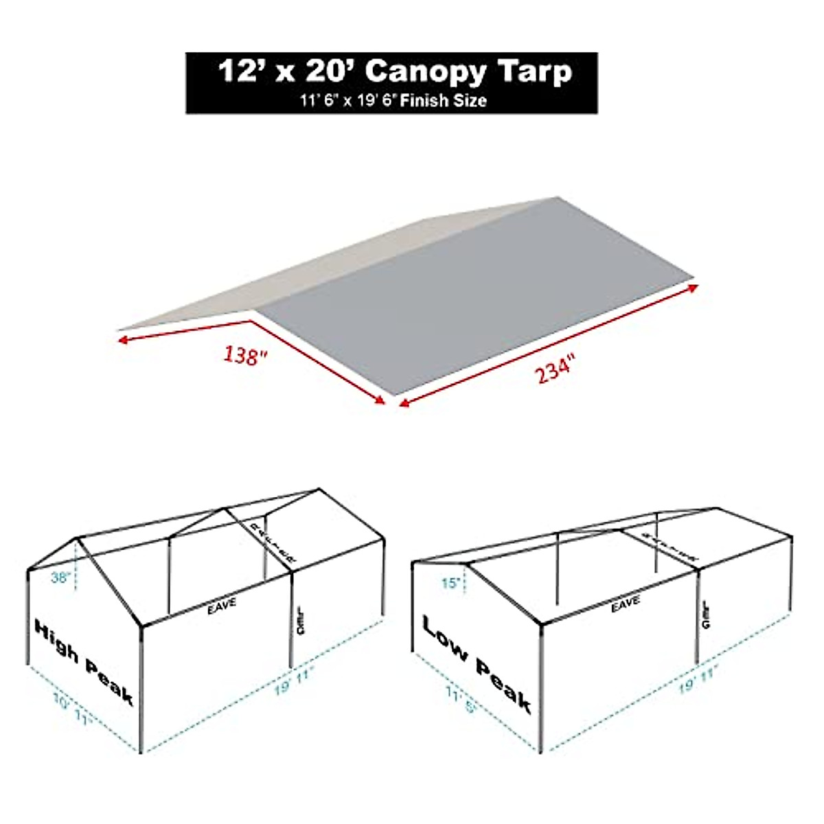 Carport Canopy Cover 12' x 20' Cut Size, 11'6" x 19'6" Finish Size Heavy Duty Tarp Tent Roof White and Silver, Only Cover (Silver 12x20)