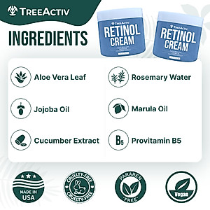 TreeActiv Retinol Cream, 2 oz, Retinol Cream for Face and Body, Gentle Retinol Moisturizer with Hyaluronic Acid, Moisturing Women and Mens Retinol Face Cream, Anti Aging Spot Wrinkle Cream, 400 Uses