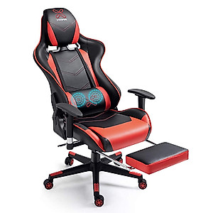 X-VOLSPORT Massage Gaming Chair with Footrest Reclining High Back Ergonomic Office Chair with Lumbar Support and Headrest Computer Chair Red Desk Chair