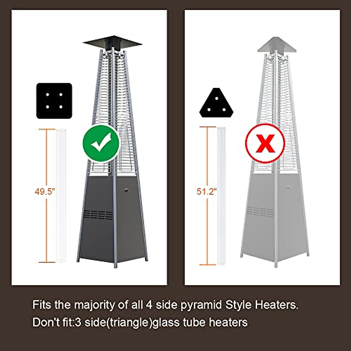 SafBbcue Patio Heater Glass Tube Replacement for 4-Sided Outdoot Liquid Propane Patio Heater, 49.5" Tall 4" Diameter Heater Temperature Resistant Quartz Glass Tube with Neoprene Ring for Patio Heater