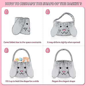 Senneny Easter Baskets for Kids, Personalized Plush Bunny Basket Gift for Girls Boys, Cute Fluffy Eggs Hunting Buckets Bags with Foldable Rabbit Ears, Light Gray