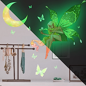 Glow in The Dark Butterfly Fairy Wall Sticker Luminous Moon Butterflys Wall Decals Cartoon Flower Fairy Princess Wall Stickers for Girls Bedroom Nursery Living Room Classroom Ceiling Decor Kids Gift