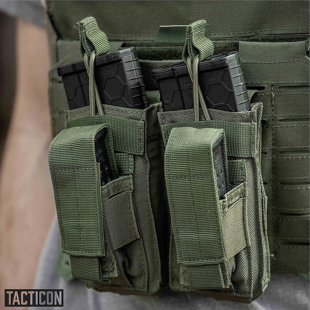 Tacticon K1 BattlePouch | 1 Rifle + 1 Pistol Mag Pouch | Combat Veteran Owned | Molle Single Rifle Pistol Magazine Holster Ammo | Tactical Bag Accessories Holder (1 Rifle + 1 Pistol [OD Green])