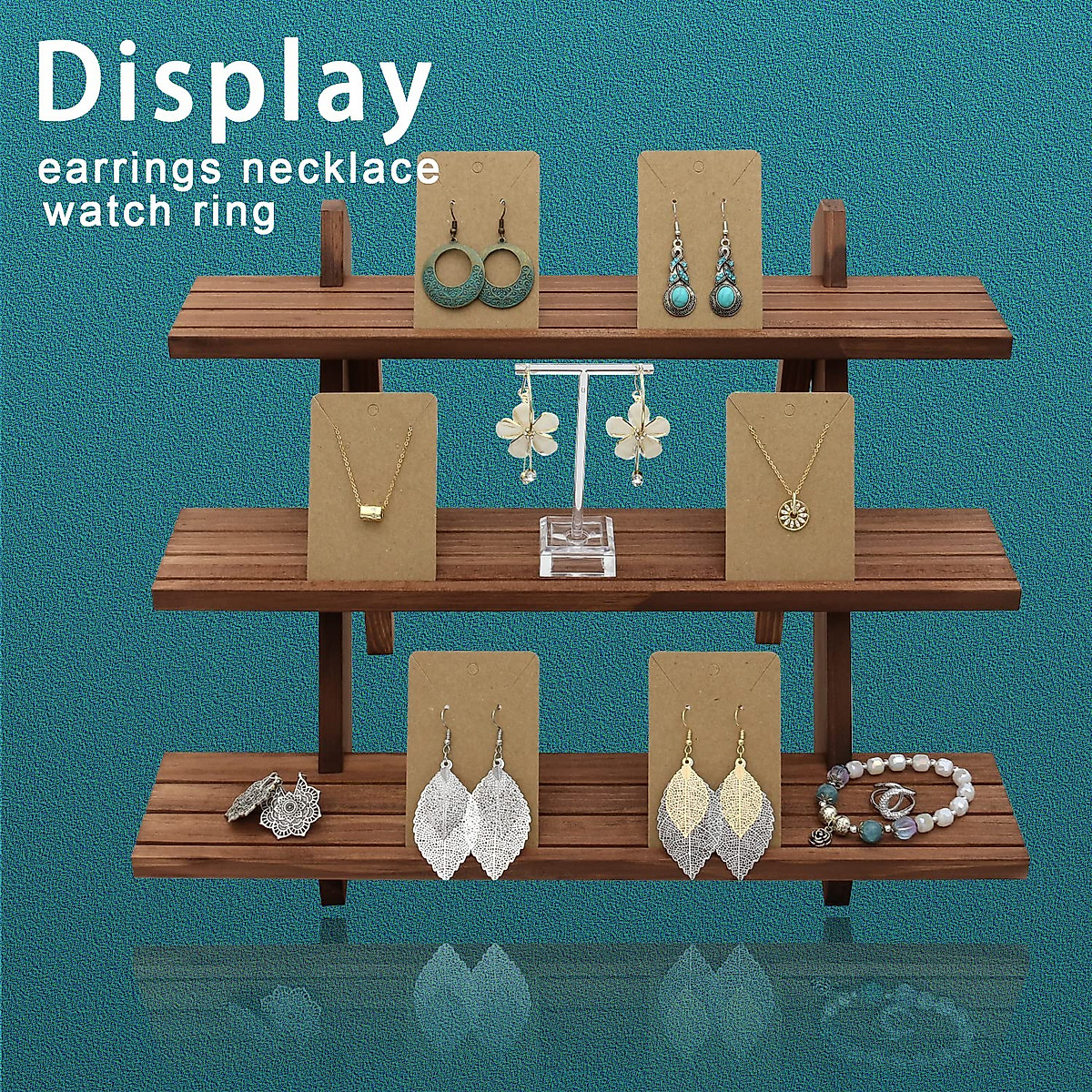 Auroal 51pcs 3-Tier Wood Earring Display Stand, Retail Display Riser Earring, Ring Holder Stand, Removable Countertop Small Merchandise Display Stand with 50 Pcs Earring Card (Light Brown)