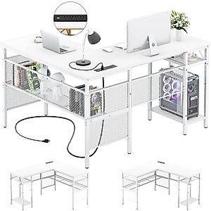 Unikito Magic Portable 4 Outlets L Shaped Desk, Reversible 55 Inch L-Shaped Computer Desk with Storage Shelf and USB Charging Port, Unique Grid Design, Large Gaming Corner Table for Home Office, White