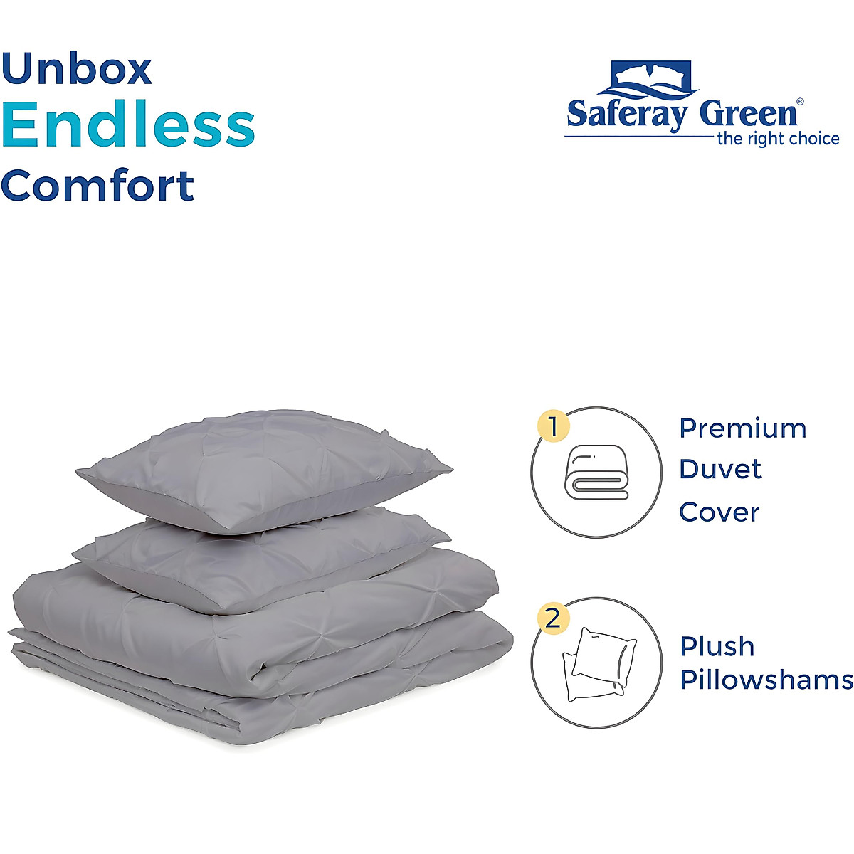 Saferay Green Pinch Pleated 3-Pieces Duvet Cover Set Eastern King Size 116x108 | 100% Organic Cotton Ultra Silky Soft with Zipper Closer & Corner Ties Durable and Fade Resistant, Pintuck (Silver)