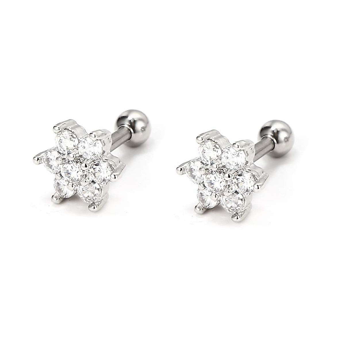 2PCS Stud Earrings 16G 316L Surgical Steel CZ Flower Cartilage Earrings Stud Piercing Helix Cartilage Conch Tragus Lobes Studs Hypoallergenic Earrings for Women (H:Silver CZ Flower)