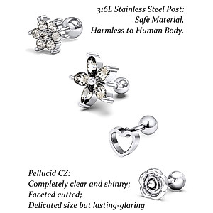 Vsnnsns 16G Cartilage Earrings Tragus Earrings for Women Silver Stainless Steel Forward Helix Earrings Stud Lip Rings Labret Monroe Medusa Barbells Studs Body Piercing Jewelry for Women Men