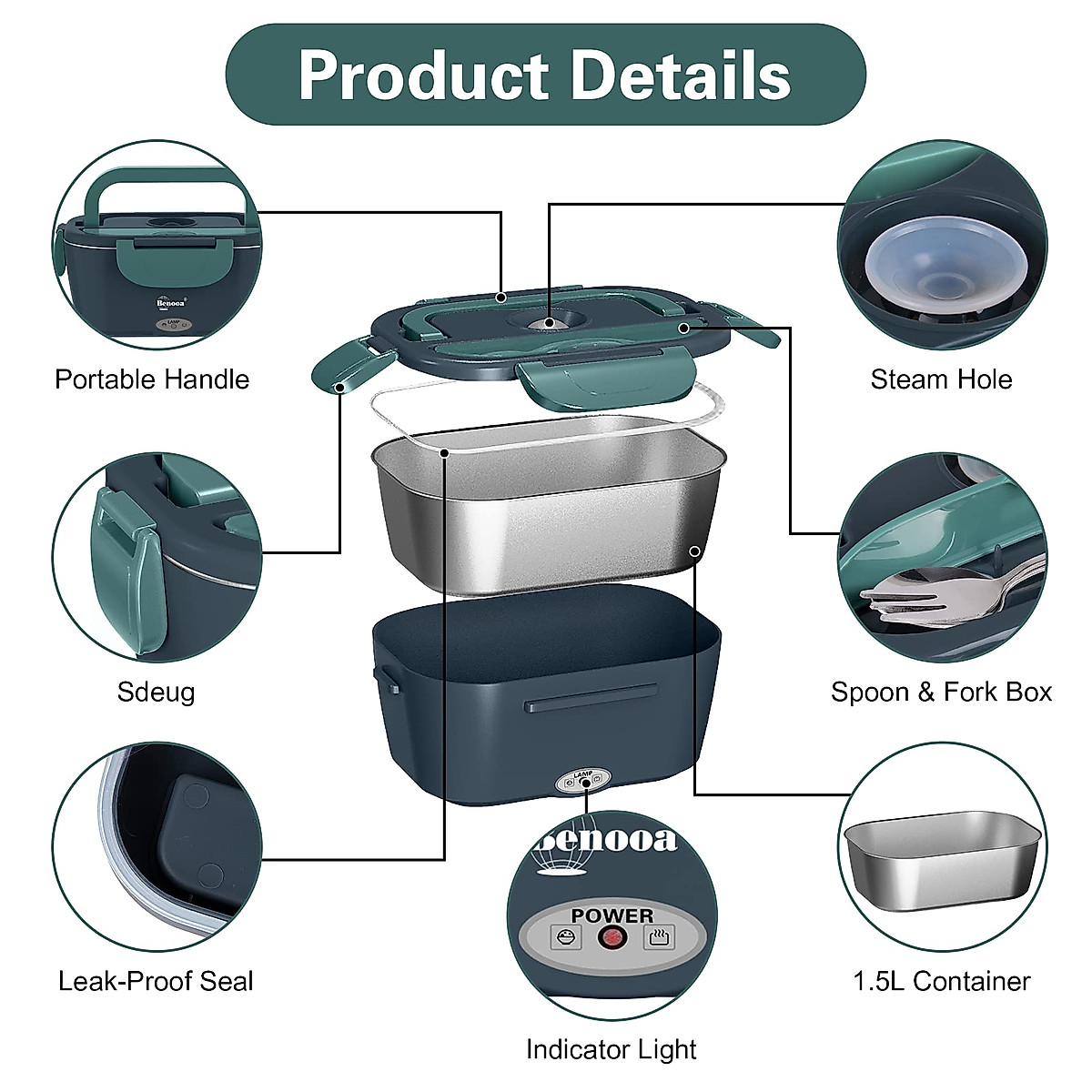 Benooa Electric Heating Lunch Box,3 in 1 Heated Lunch Box for Adults,60W 12/24/110V Leakproof Portable Food Warmer Heater for Car Truck Office Home With Sauce Box & Bag