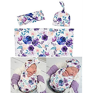 Newborn Baby Swaddle Blankets Beanie Hat Headband Sets,Swaddle Sack,Receiving Blankets Infant Baby Gifts (Purple Flower,0-3 Months),24569
