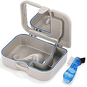Annhua Denture Cup Bath Box Case with Mirror and Cleaning Brush, Dental Case with Brush Retainer Cleaning Case Mouth Guard Storage Soaking Cup Holder for Travel, Office, Household Use
