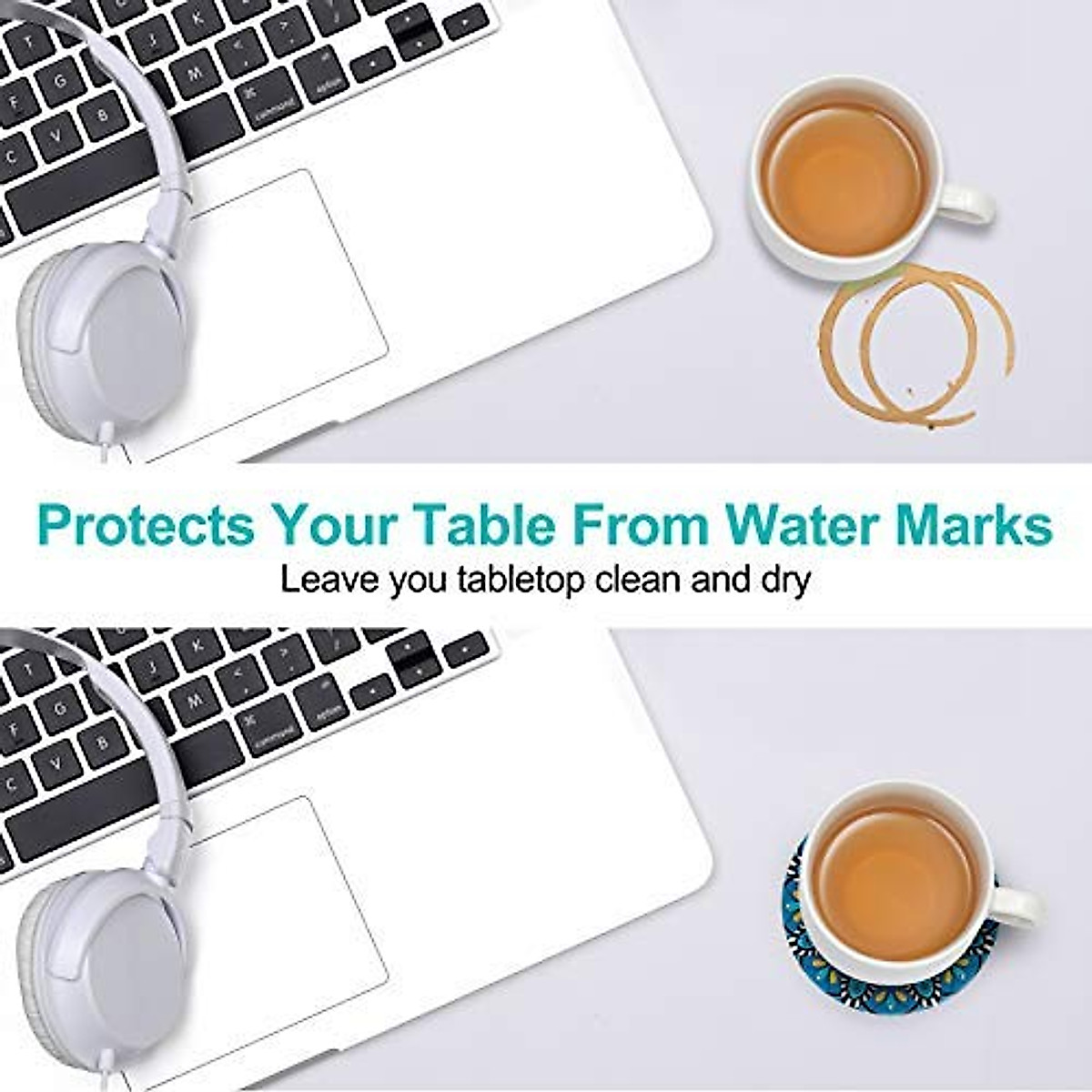 Coasters for Drinks,AODINI Set of 8 Absorbent Stone Coasters for Wooden Table, Mandala Ceramic Coasters with Cork Base, Gift for Housewarming Birthday and Family - Great Home and Dining Room Decor