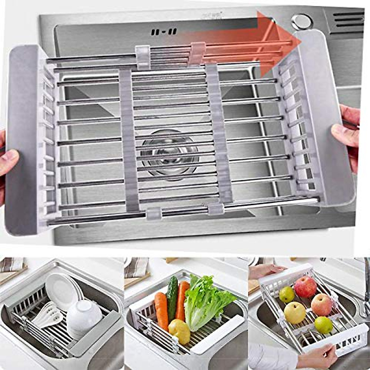 CARNAVAL Retractable Stainless Steel Sink Strainer Drain, Telescopic Drain Basket with Adjustable Armrest, Kitchen Rack Drain Basket, Over The Sink Dish Drying Rack.