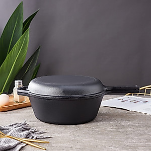 Bruntmor 2-in-1 Pre-seasoned Cast Iron Dutch Oven and Skillet Set -5 Quart Black Cookware with Handles - Dutch Oven with Lid - Enameled Cast Iron Cookware for Braising, Frying, Camping, and Indoor Use