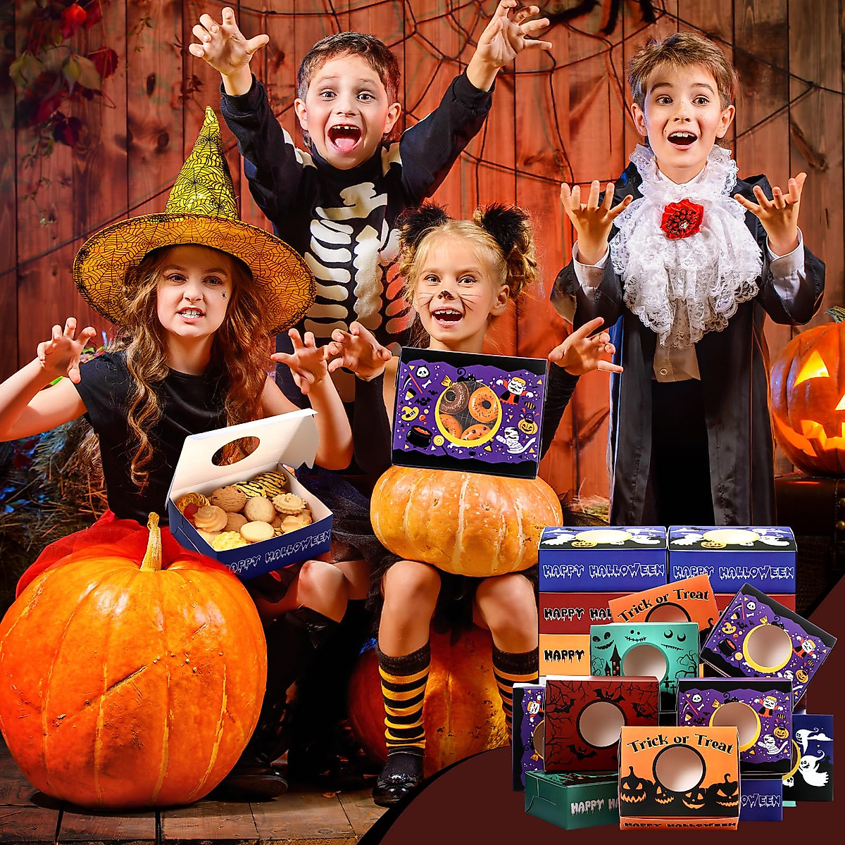 MotiMind 36 Pieces Halloween Cookie Boxes with Window Halloween Treat Boxes Pumpkin Ghost Popcorn Boxes 6.3 x 5.12 x 2.36 Inch Paper Halloween Candy Bowl Snack Tray for Trick or Treat Party Supplies