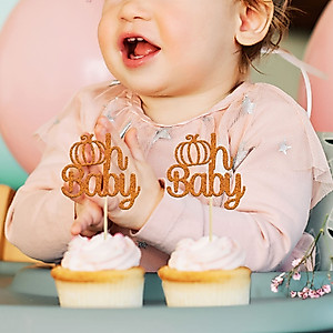 Gyufise 24Pcs Pumpkin Oh Baby Cupcake Toppers Orange Glitter Fall Theme Cupcake Picks Pumpkin Themed Baby Shower Birthday Thanksgiving Halloween Party Cake Decorations Supplies