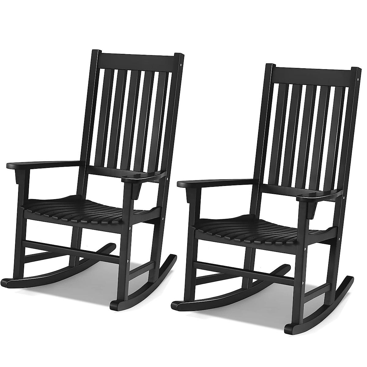 Tangkula Acacia Wood Porch Rocking Chair Set, Wooden Rocking Chair Rocker with High Back & Armrest for Indoor Outdoor Use, Patio Rocker for Garden Lawn Balcony Backyard Poolside (2, Black)