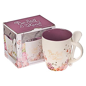 Christian Art Gifts Coffee and Tea Scripture Mug with Ceramic Spoon Set for Women: Be Still and Know - Psalm 46:10 Inspirational Bible Verse Message Hot & Cold Beverage, Purple/White Floral, 12 oz.