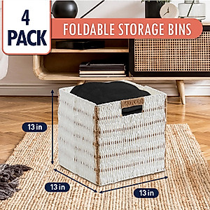 Ornavo Home Wicker Storage Cubes Bin, 13 x 13 Inch Storage Cubes Shelf Basket Collapsible Natural Hand Woven Paper Kallax Storage Cube Bin with Handles - Set of 4, White/Brown