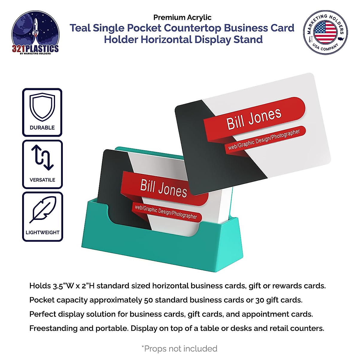4 Pack Business Card Holder Desk Horizontal Holds 3.5" x 2" Gift Card Appointment Teal Green Acrylic Countertop Display Stand Tabletop for Any Business by Marketing Holders