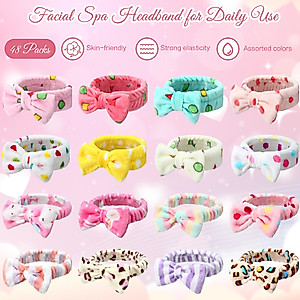Giegxin 48 Pieces Spa Headband Bulk Bow Hair Band Facial Makeup Headbands Fluffy Plush Headband for Women Washing Face Spa Shower Cleansing (Novel Pattern)