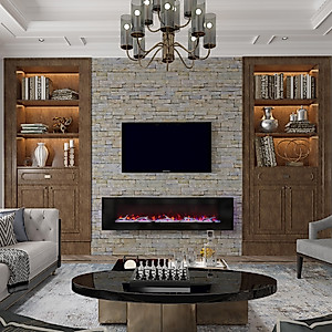 72in Electric Fireplace with Bluetooth Speakers Wall Mounted Linear Fireplace Heater Low Noise Adjustable 8 Flame Colors,8h Timer,Remote Control with Log & Crystal Hearth Options (No-Recessed)