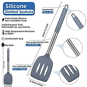 Cooptop Pack of 2 Silicone Spatula Set - Non Stick Silicone Slotted Turner and Solid Turner - 600°F Heat Resistant Cooking Utensils (Grey Blue)