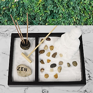 Japanese Mini Zen Garden with Incense Holder, and White Miniature Buddha Statue for Relaxation and Meditation, Perfect Home Desk Decor and Gift Set - 7" x 8.5" x 6.5"