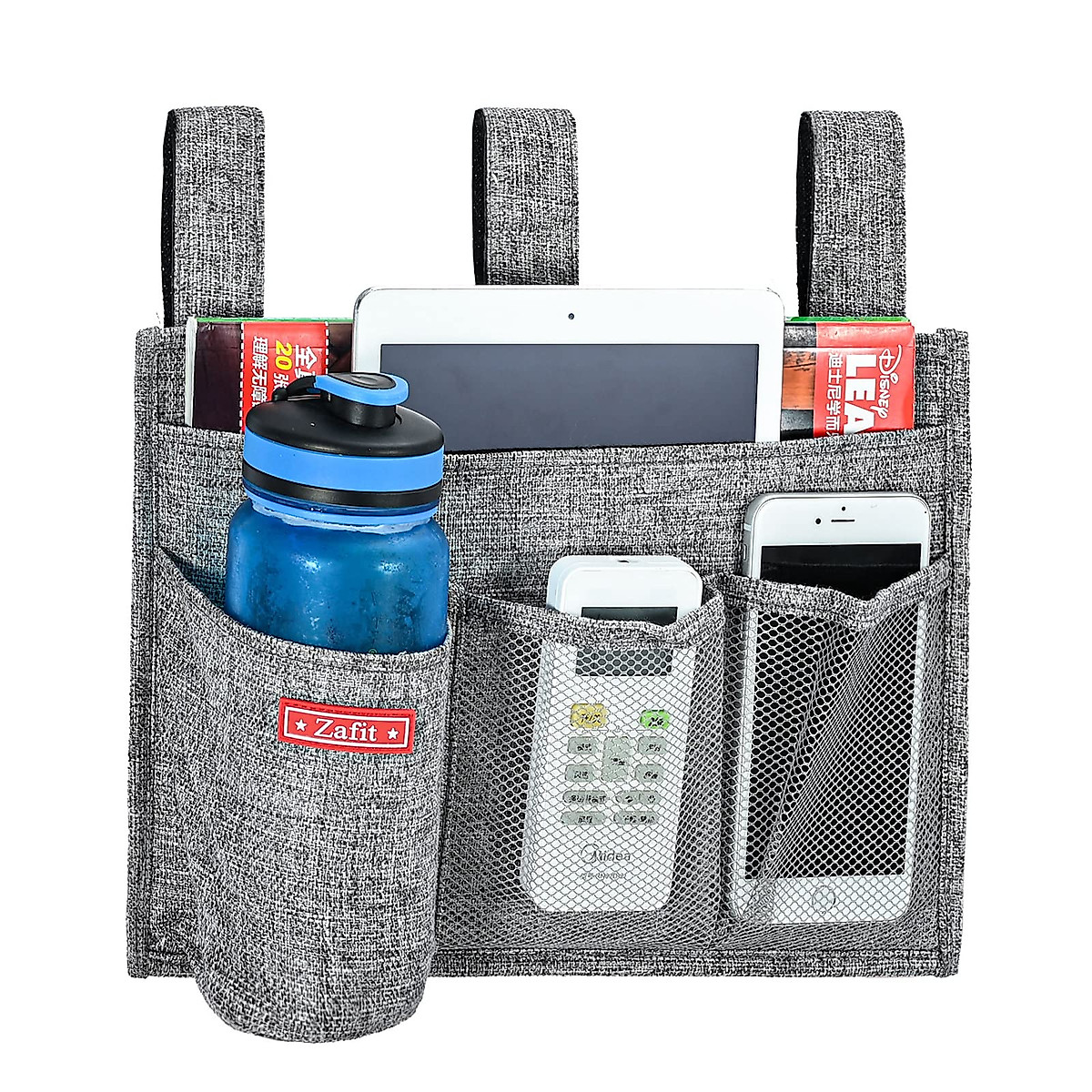 Zafit Linen Bedside Caddy, Bedside Storage Organizer for Hospital Beds, College Dorm Rooms or Baby Bed (4 Pockets-Grey)