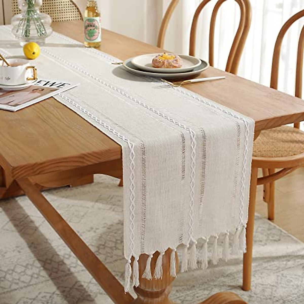 Cenebonxy Rustic Boho Table Runner, Linen Table Runner, Farmhouse Table Runners 72 Inches Long for Dining Table Decor, 13x72 Inches, Ivory