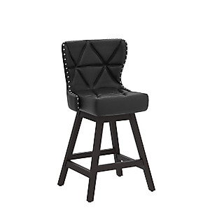 Cozyman Counter Height Bar Stools Set of 2, 26" H Swivel Bar Stool with Back, Faux Leather Counter Stool, Solid Wood Legs, Retro Upholstered Barstools for Kitchen Island, Home Bar, Pub, Black