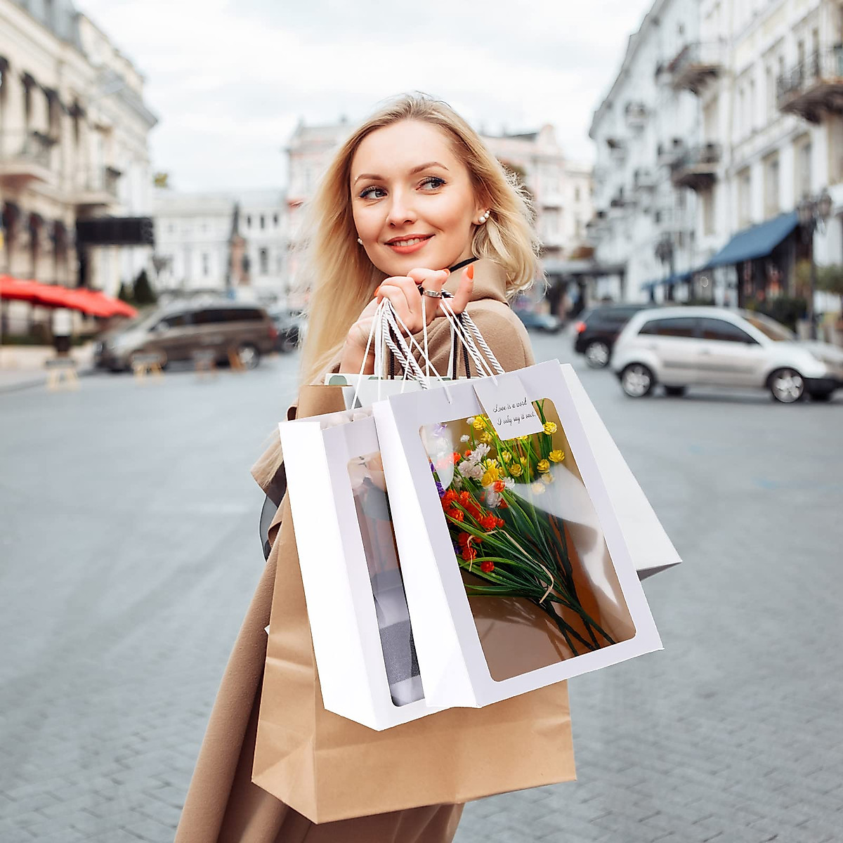 Yahenda 24 Pcs Clear Gift Bag with Window 13.8 x 9.8 x 5.9 Transparent Bouquet Gift Bags with Handle Graduation Paper Bags Paper Tote Flower Bags for Mother 's Day Graduation Wedding (White)