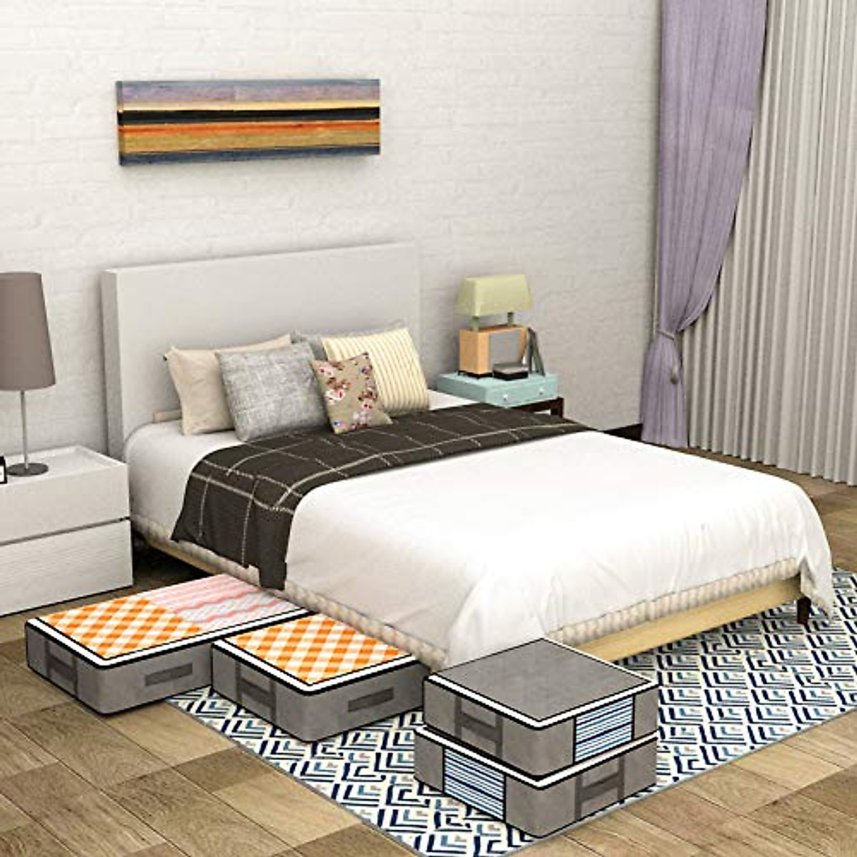 Isbasa 4 Pack Under Bed Storage Bags, 2 Foldable Underbed Storage Bags and 2 Organizer Bins with 4 Reinforced Handles, Pocket for Labels and Clear Windows for Clothes, Blankets, Bedding, Grey