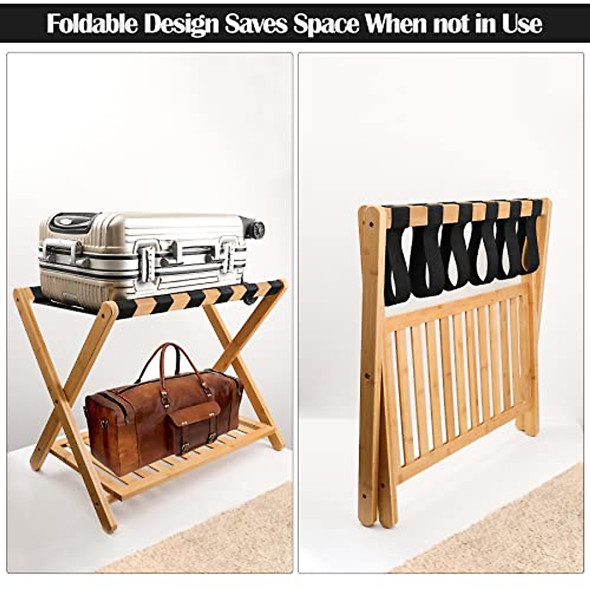 Purbambo Luggage Rack for Guest Room, Suitcase Stand with Storage Shelf, Bamboo Frame, 6 Nylon Straps, Foldable for Easy Storage