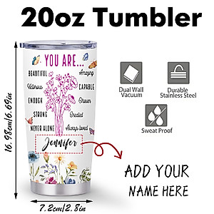 Inspirational Christian Tumbler With Name, 20 oz, Floral Design with Butterflies, Personalized Double Wall Insulated Travel Cups