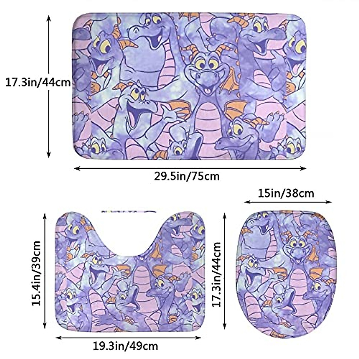 JIYINJI Figment 4 Piece Shower Curtain Sets,Non-Slip Rugs, Toilet Lid Cover and Bath Mat, Durable for Bathroom Decor Set.