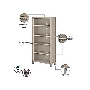 Bush Furniture Somerset 72W 3 Position Sit to Stand L Shaped Desk in Sand Oak & Somerset Tall 5 Shelf Bookcase in Sand Oak