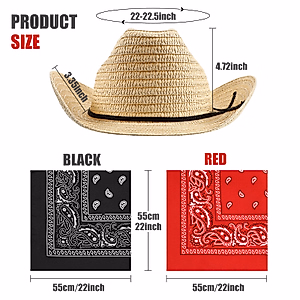 Zhanmai Cowboy Hat and Bandana Set - 18 Set Straw Cowboy Hats and Bandanas for Adult Cowboy Costume Birthday Party Props Supplies (Beige, Red, Black)