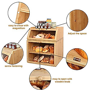 X-cosrack Large Double Separable Bamboo Bread Box Storage with Clear Window and Adjustable Compartment for Kitchen Countertop,Natural