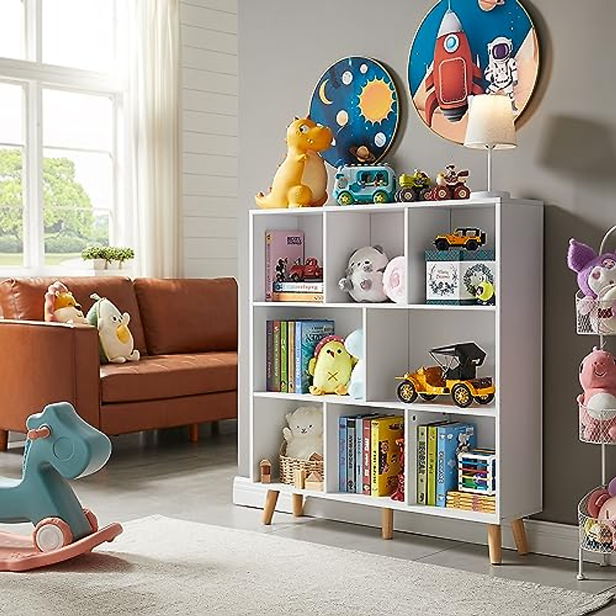 3-Tier Bookshelf, 8-Section Wooden Bookcase, Storage Organizer with Pine Legs, Modern Storage Display Cabinet for Living Room, Classroom, Kid’s Room (White)