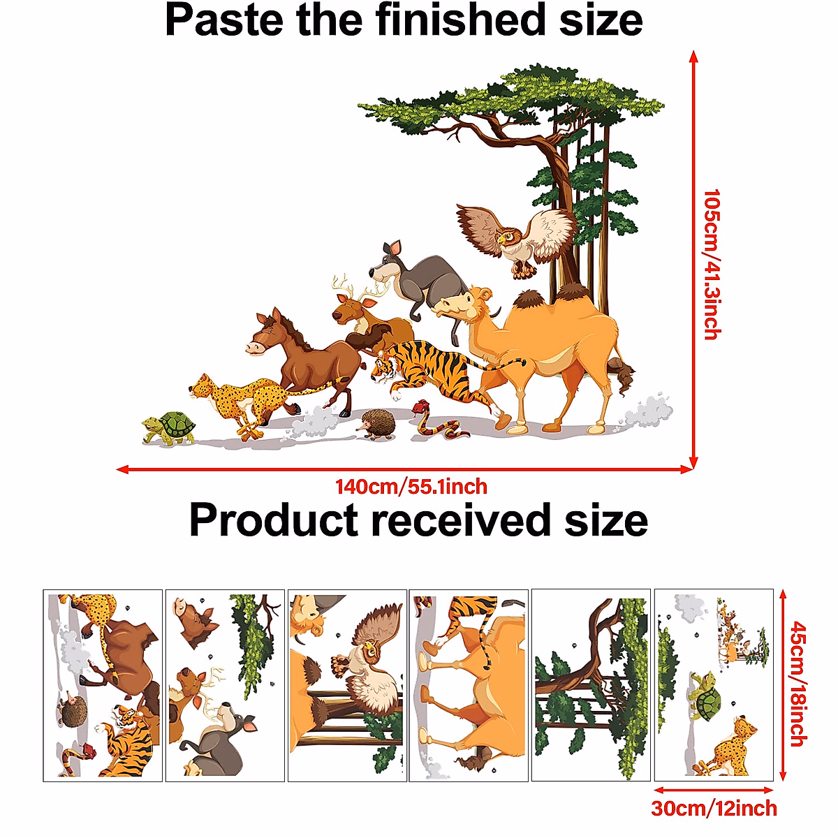 MEFOSS Removable Cartoon Jungle Animal Big Tree Wall Decals Creative Tiger Horse Leopard Turtle Wall Stickers Peel and Stick Wall Decals for Kids Bedroom Playroom Nursery Wall Decor (A)