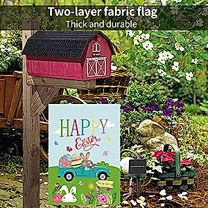 Happy Easter Garden Flag with Lights Solar Powered Double Sided Welcome Spring Outdoor Decor Yard Flag Lights Rabbit Lawn Outdoor Decoration 12.5 x 18 Inch Linen Flag Easter Gift Garden Decor Flag Lights