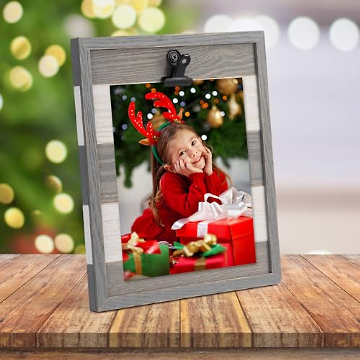 PETAFLOP Wooden Clip Picture Frame 5x7 Rustic, Handmade Farmhouse 5 by 7 Frame, Home Gallery Tabletop Decor for Display Photo Memo Artwork, Distressed White and Gray Strips