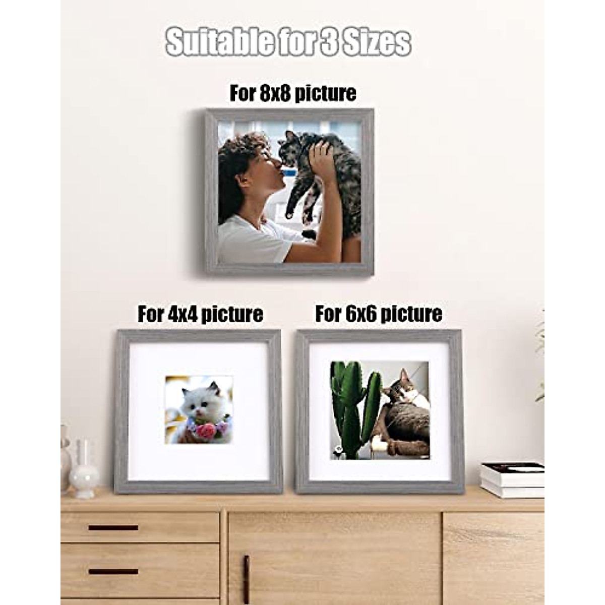 Egofine 8x8 Picture Frame Made of Solid Wood with Plexiglass, Display Pictures 4x4/6x6 with Mat or 8x8 Without Mat for Tabletop and Wall Mounting, Oak Grey