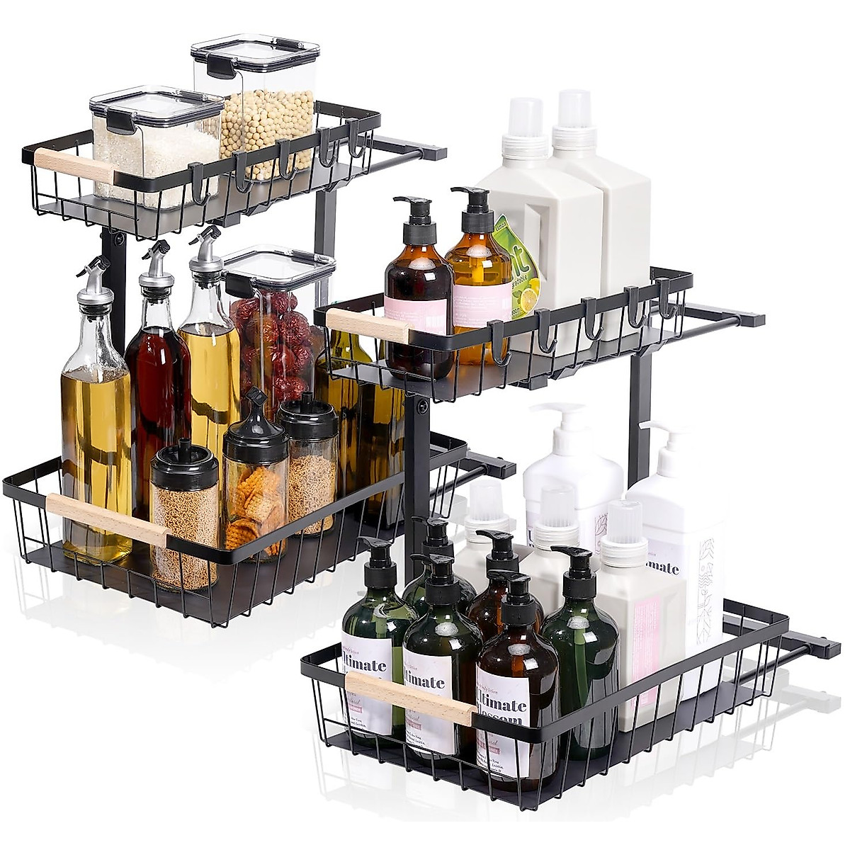 AT1nTen 2 Pack Under Sink Organizer, Sliding Cabinet Basket Organizer 2 Tier Under Bathroom Storage Rack with Hooks, Hanging Cup, Dividers, Multi-purpose Storage Shelf for Bathroom Kitchen, Black