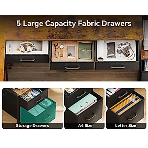 AODK 79 inch L Shaped Desk with File Drawers, Reversible L Shaped Gaming Desk with Power Outlets & LED Lights, Computer Desk with Storage Shelves for Home Office, Vintage