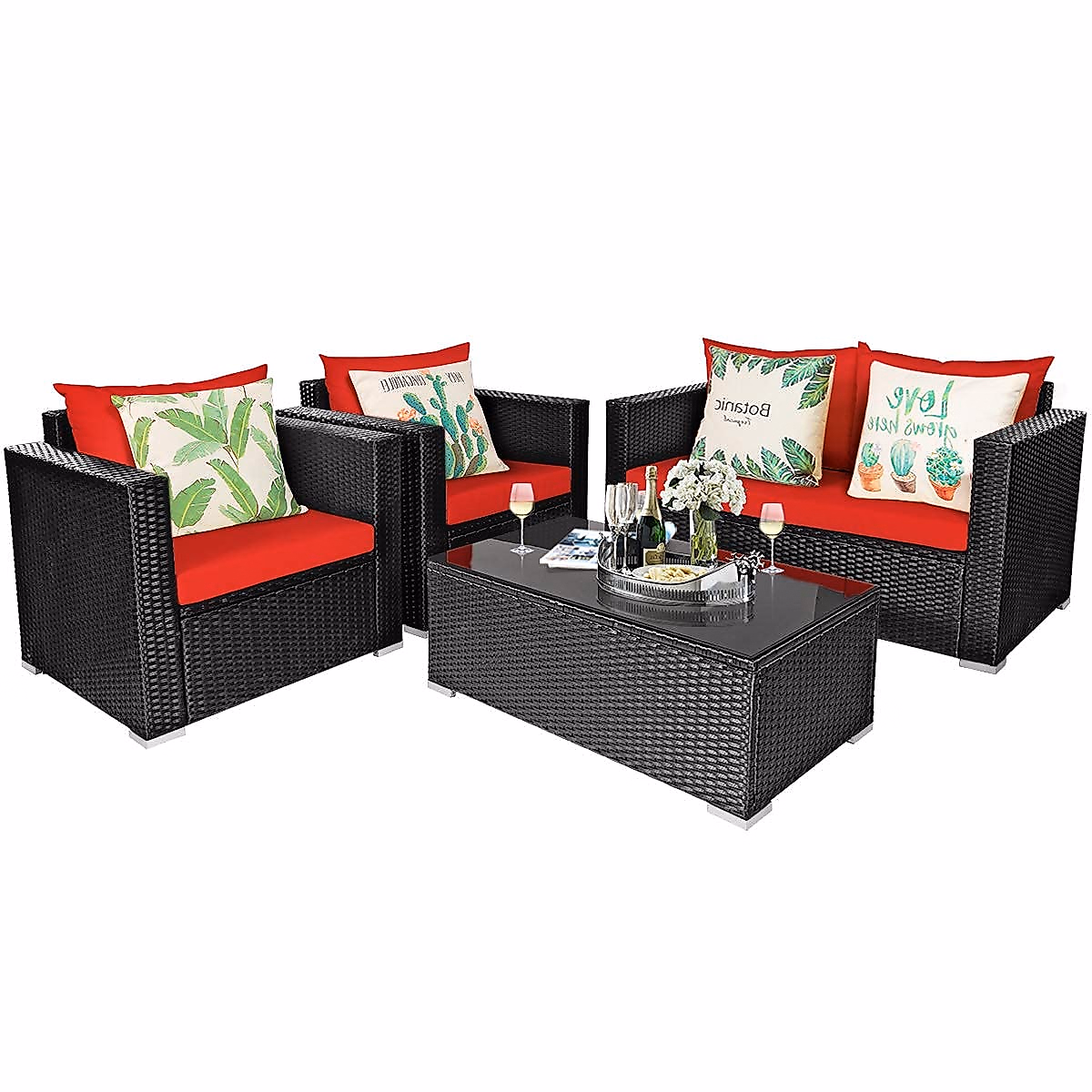 BETTARY 4 PCS Patio Rattan Chair Set, Sofa Set w/Tempered Glass Coffee Table, Conversation Set w/Seat & Back Cushions, Outdoor Wicker Sectional Furniture Set for Garden/Yard/Poolside (1, Red)