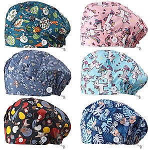 Syhood 6 Pieces Button Bouffant Hats Working Caps Adjustable Printed Sweatband Caps for Women Men Nursing Surgical Caps with Button (Unicorn Style) Multicoloured